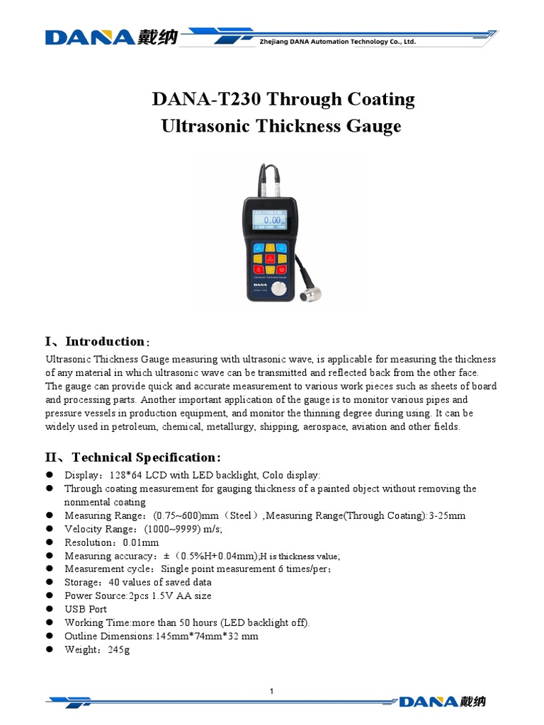 DANA-T230 Through Coating Ultrasonic Thickness Gauge | PDF | Sheet ...