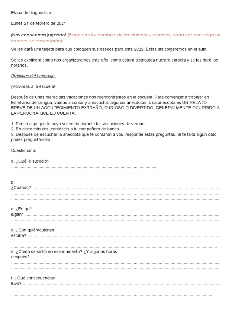 Etapa De Diagnóstico 4to Grado Pdf