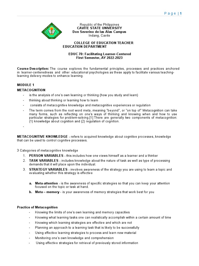 EDUC 70 Module 1 | PDF | Learning | Metacognition