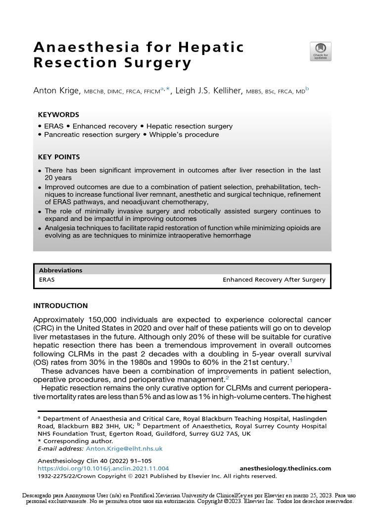 Anaesthesia For Hepatic Resection Surgery | PDF | Surgery | Anesthesia