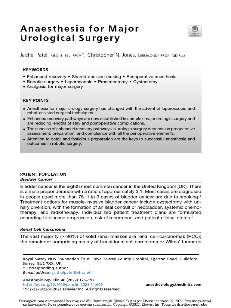 Anaesthesia For Major Urological Surgery | PDF | Surgery | Anesthesia
