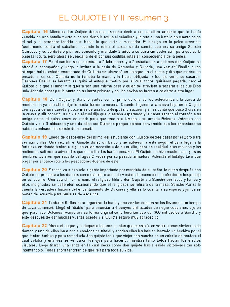 Don Qujote I y II Resumen 3 | PDF | Don Quijote