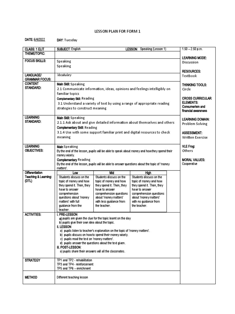 LESSON PLAN FOR FORM 1 5 April | PDF | Reading Comprehension | Lesson Plan