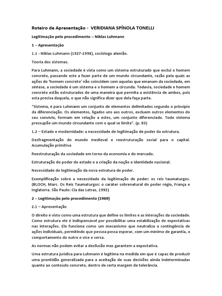 Roteiro de Apresentação - Niklas Luhman - Legitimação pelo procedimento ...