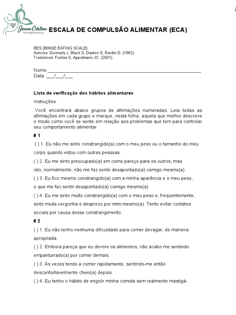 Escala de Compulsão Alimentar (Eca) : Joana Cristina Da Silva | PDF | Alimentos | Pensamento