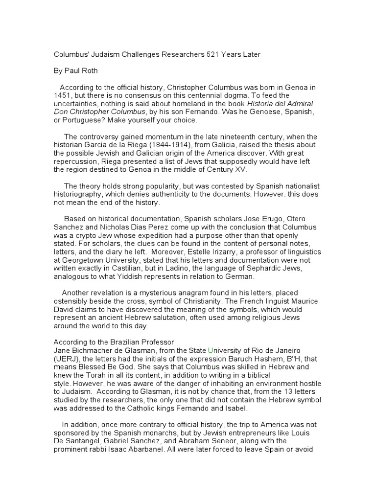 Columbus-800 Words | PDF | Christopher Columbus | Jews