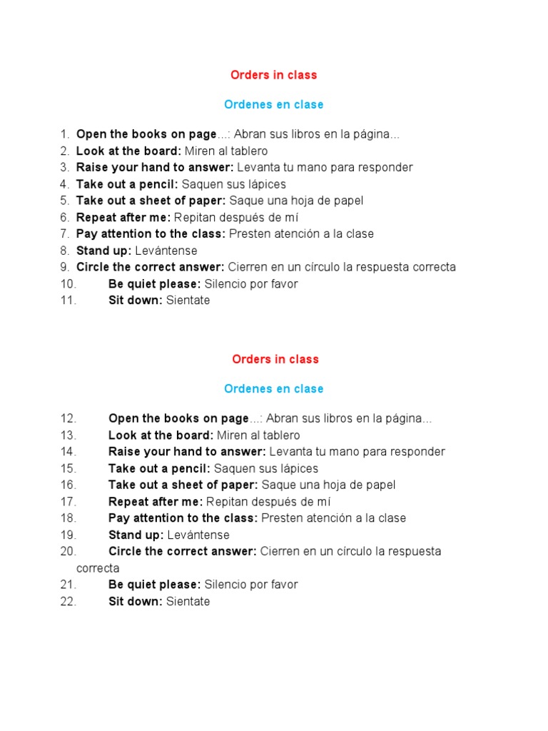 Orders in Class Ordenes en Clase en Ingles | PDF