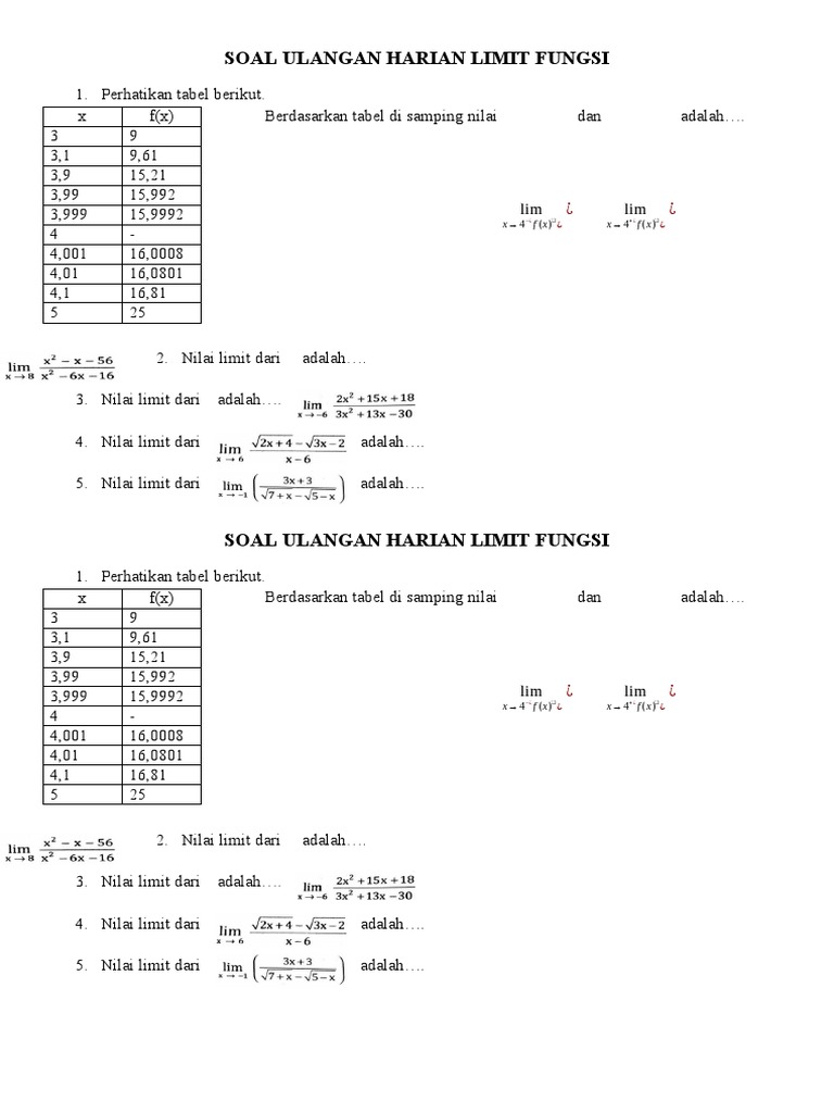 Soal Ulangan Harian Limit | PDF