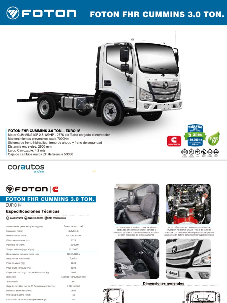 Ficha Técnica Foton FHR Cummins 3.0 Ton | PDF | Turbocompresor ...