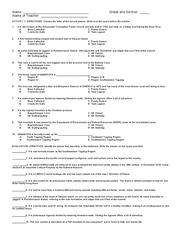 MIMAROPA Geography Quiz Activity | PDF | Physical Geography | Oceanography