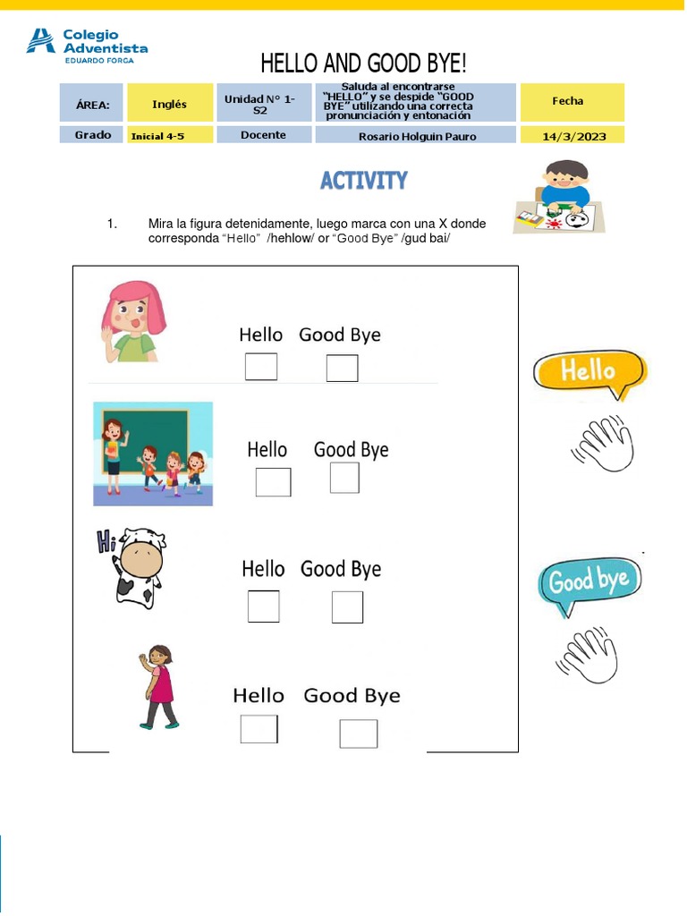 Ficha Aprend Inicial 4-5 U-1 - S2 - 14 Marzo 2023 - Hello-Good Bye PDF ...