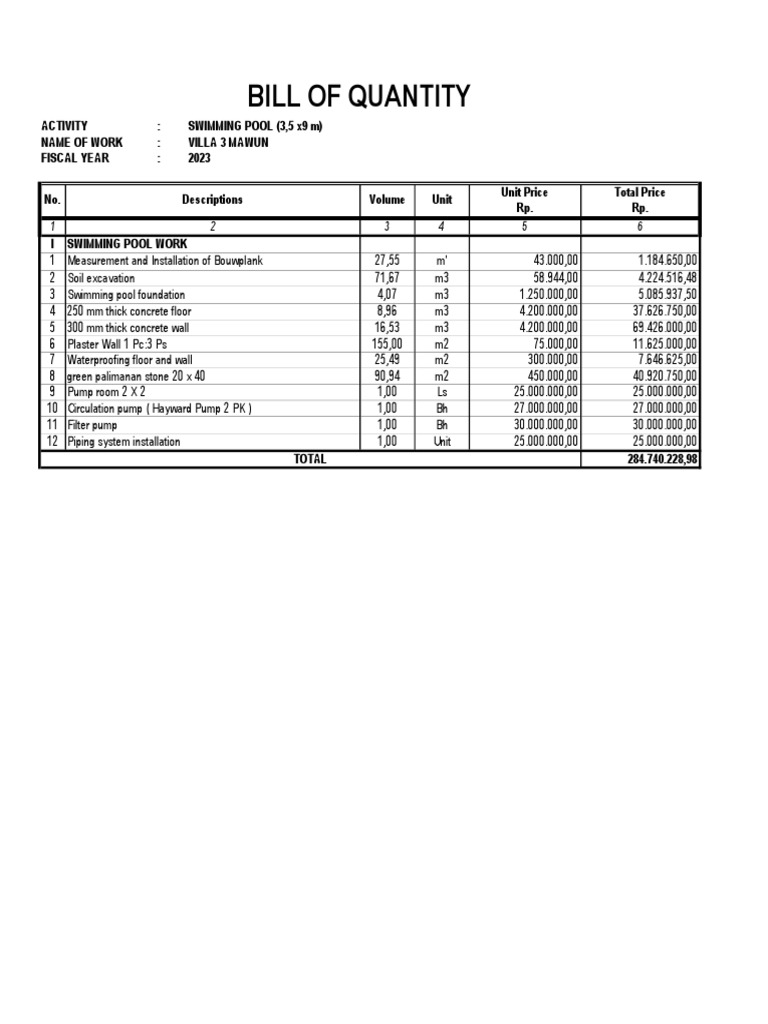Swimming Pool Bill of Quantity | PDF