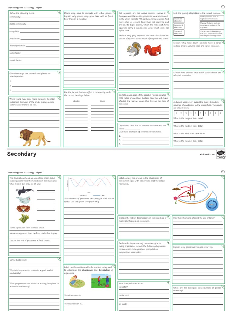 AQA Biology GCSE Unit 4.7 Ecology Higher Revision Activity Mat PDF ...