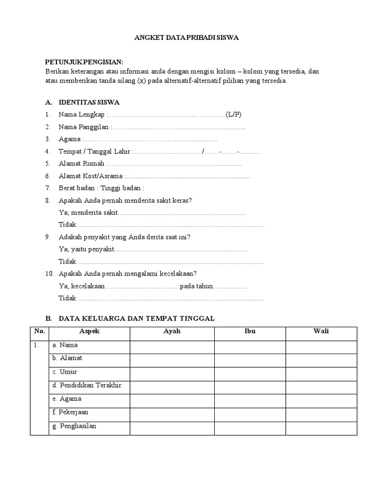 Angket Data Pribadi Siswa | PDF