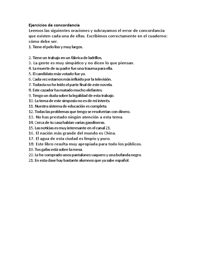 Ejercicios de Concordancia | PDF