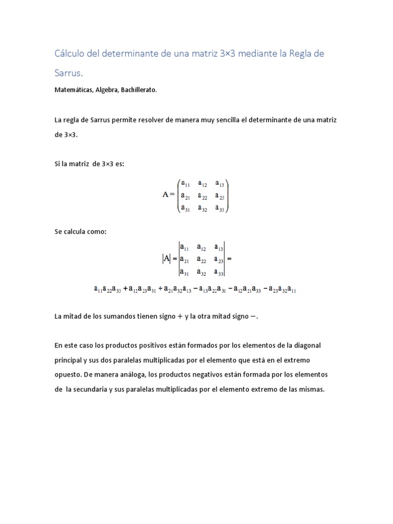 Cálculo Del Determinante de Una Matriz 3×3 Mediante La Regla de Sarrus | PDF | Determinante ...