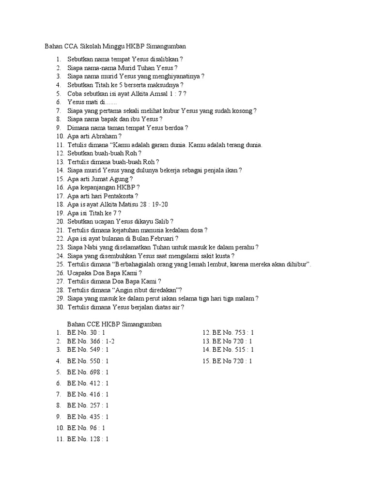 Bahan CCA Sikolah Minggu HKBP Simangumban | PDF | Kajian Bahasa Asing
