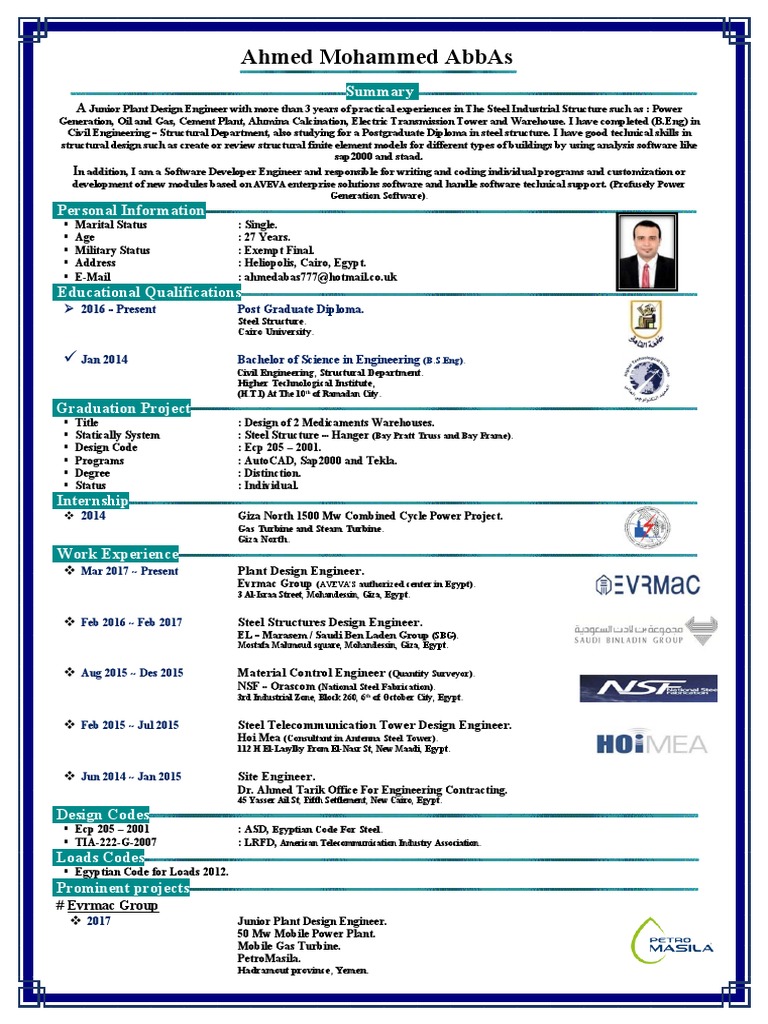 Ahmed AbbAs CV | PDF | Egypt | Engineering