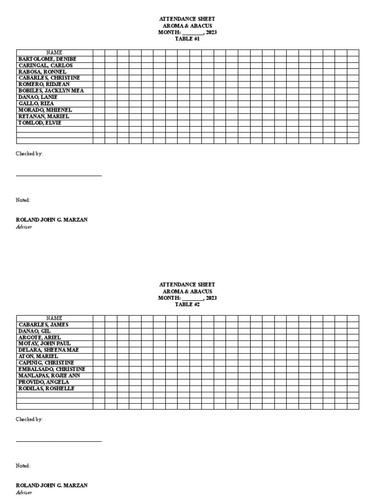 Attendance Sheet Per Table. Aroma-Abacus | PDF