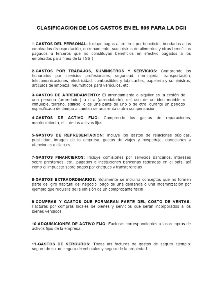 Clasificacion de Los Gastos en El 606 para La Dgii | PDF