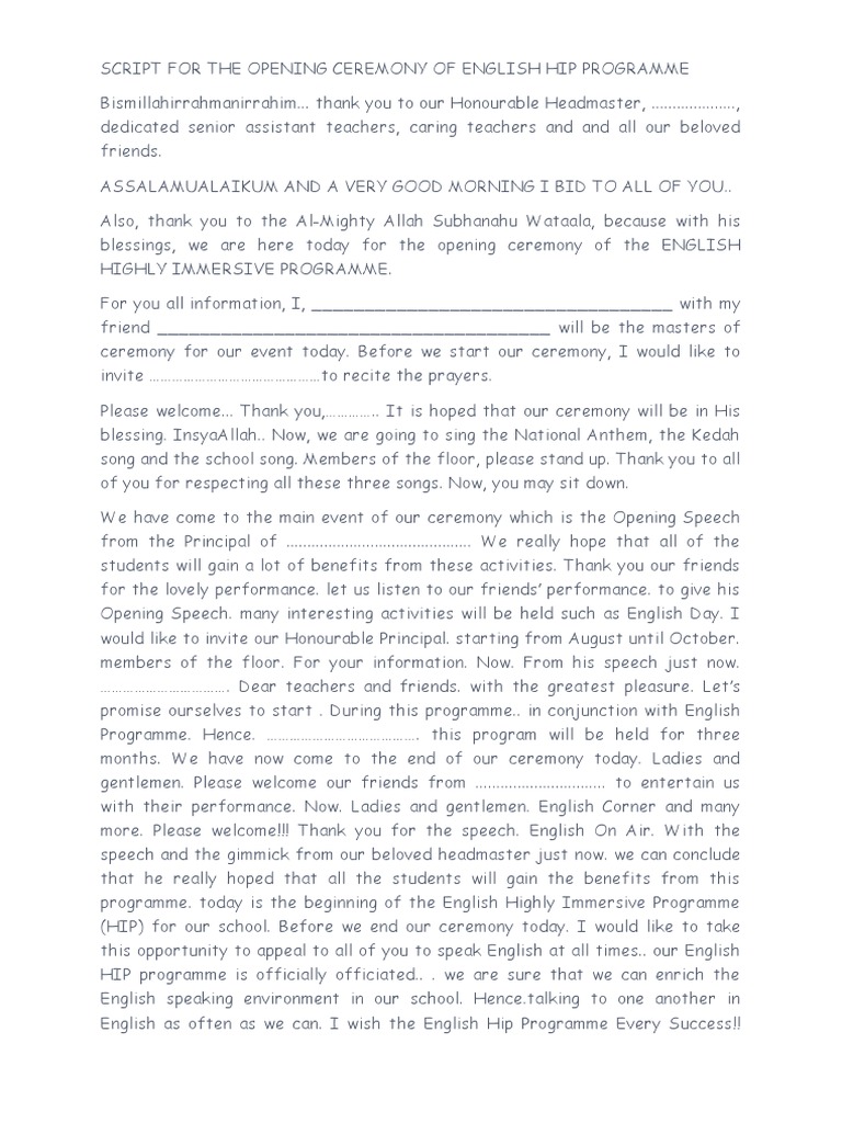 Script For The Opening Ceremony of English Hip Programme SK Seberang ...