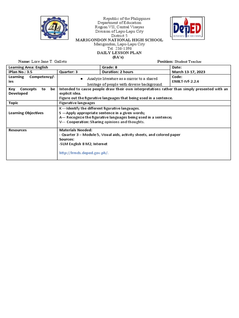 Lesson Plan M5 | PDF | Metaphor | Word