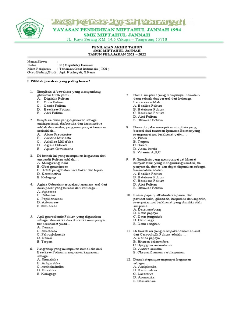 Templat Soal Dan LJK Pat | PDF