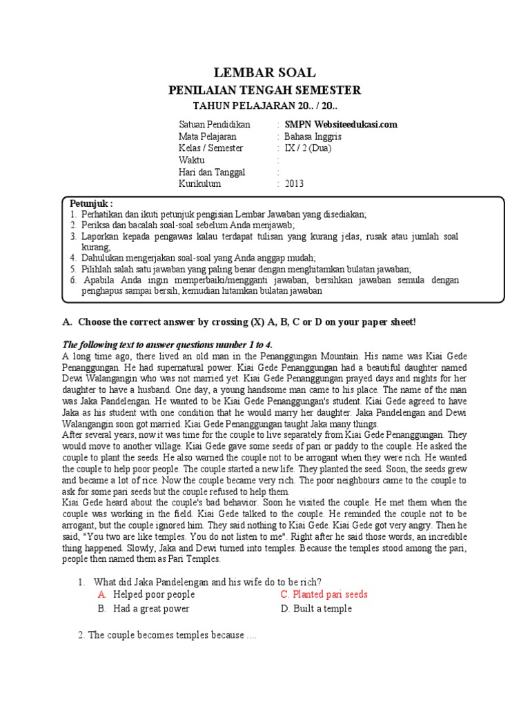 Soal Pts Bahasa Inggris Kelas 9 | PDF | Snow White