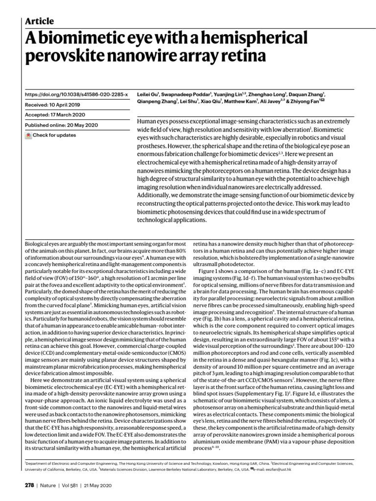 A Biomimetic Eye With A Hemispherical Perovskite Nanowire Array Retina ...