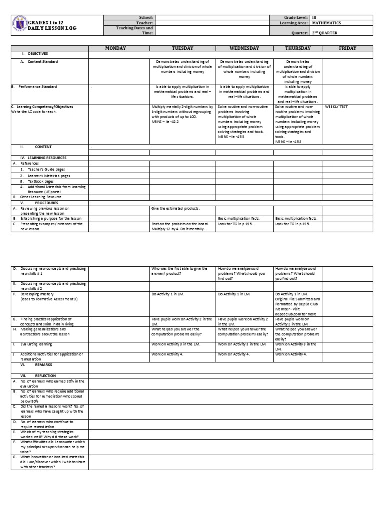 DLL - Mathematics 3 - Q2 - W5 | PDF | Learning | Multiplication