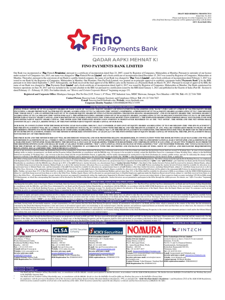 Fino Payments Bank DRHP | PDF