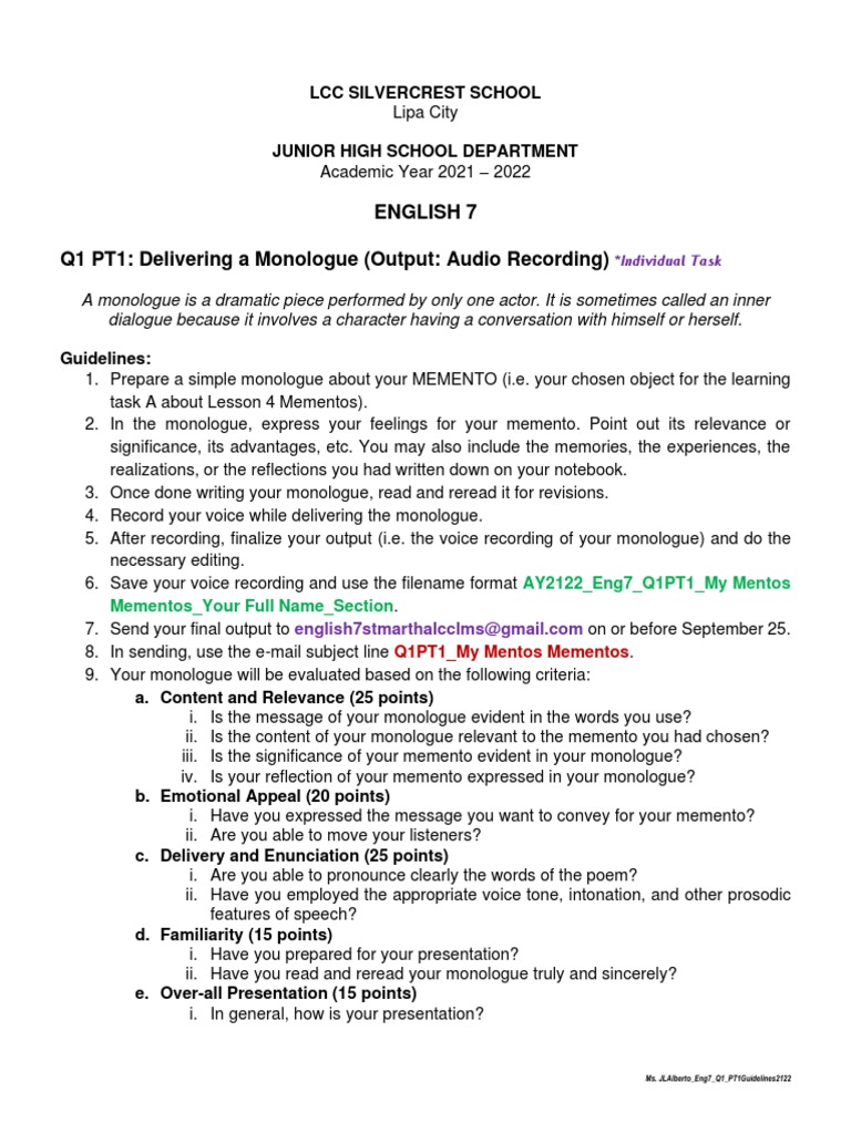 AY2122 Eng7 Q1 PT1-Guidelines St.-Martha | PDF | Monologue | Human ...