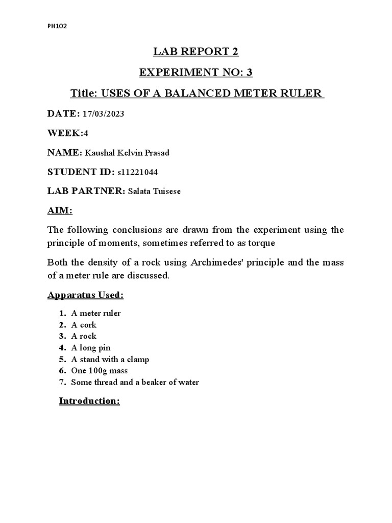 PH102 Lab 2 (S11221044) Uses of A Balanced Meter Ruler | PDF
