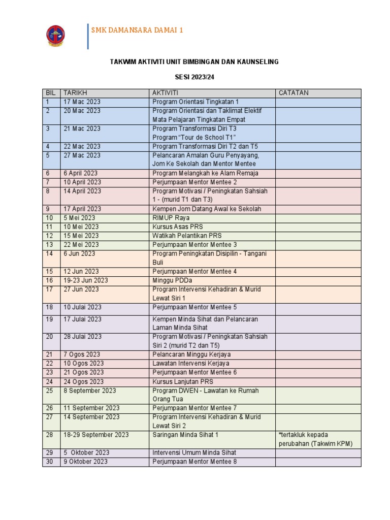 Takwim Ubk 2023 | PDF