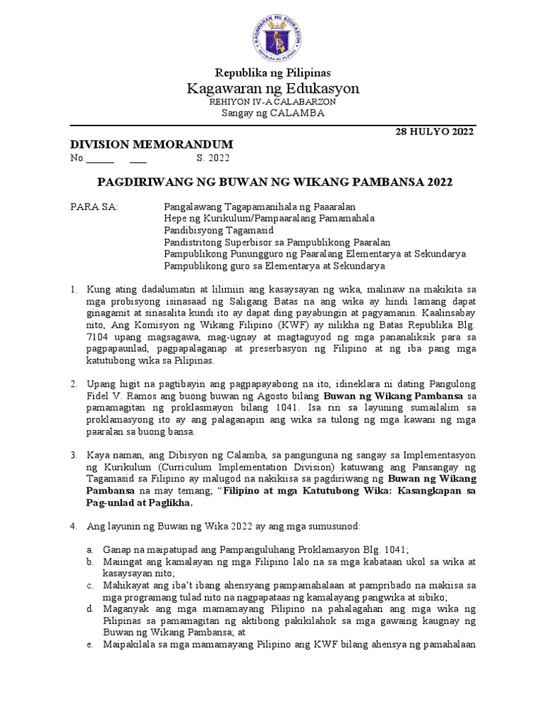 Kagawaran NG Edukasyon: Division Memorandum Pagdiriwang NG Buwan NG Wikang Pambansa 2022 | PDF