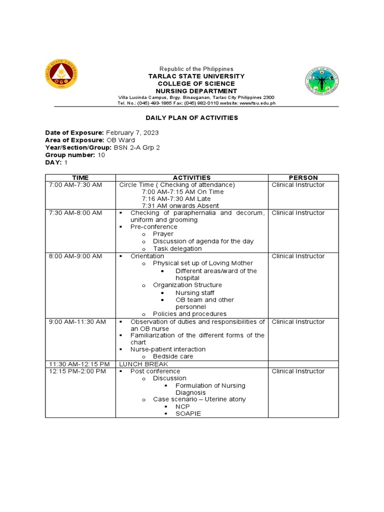 Daily Plan of Activities For High Risk OB | PDF | Nursing | Medicine