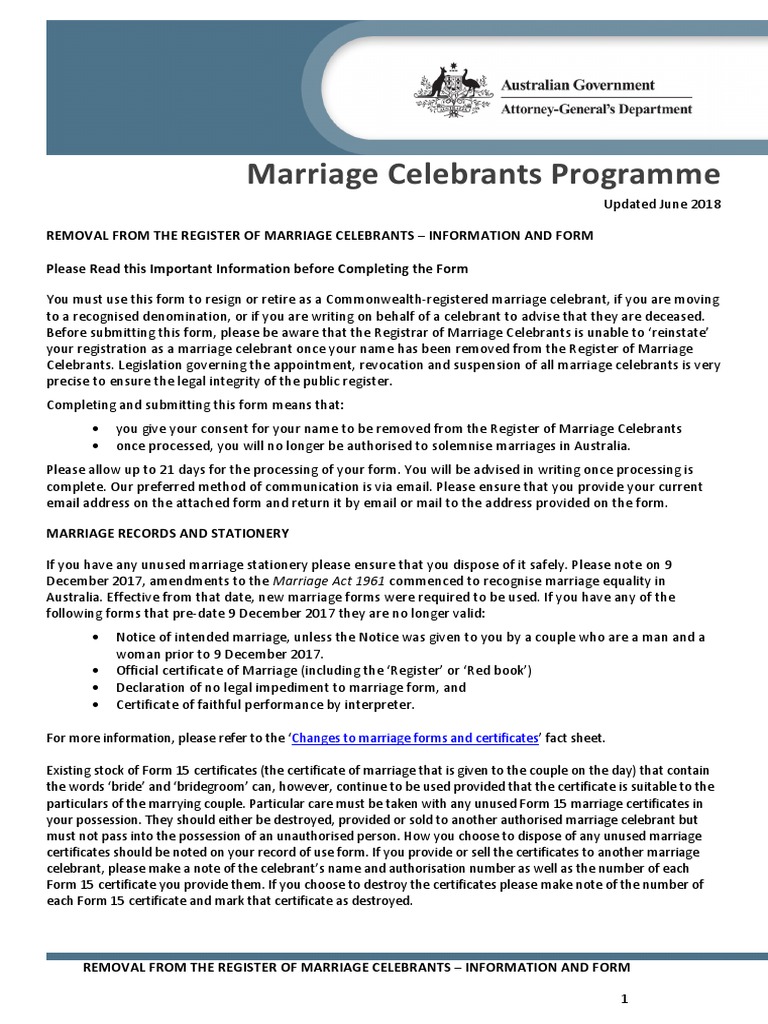 Request For Removal From The Register of Marriage Celebrants | PDF ...