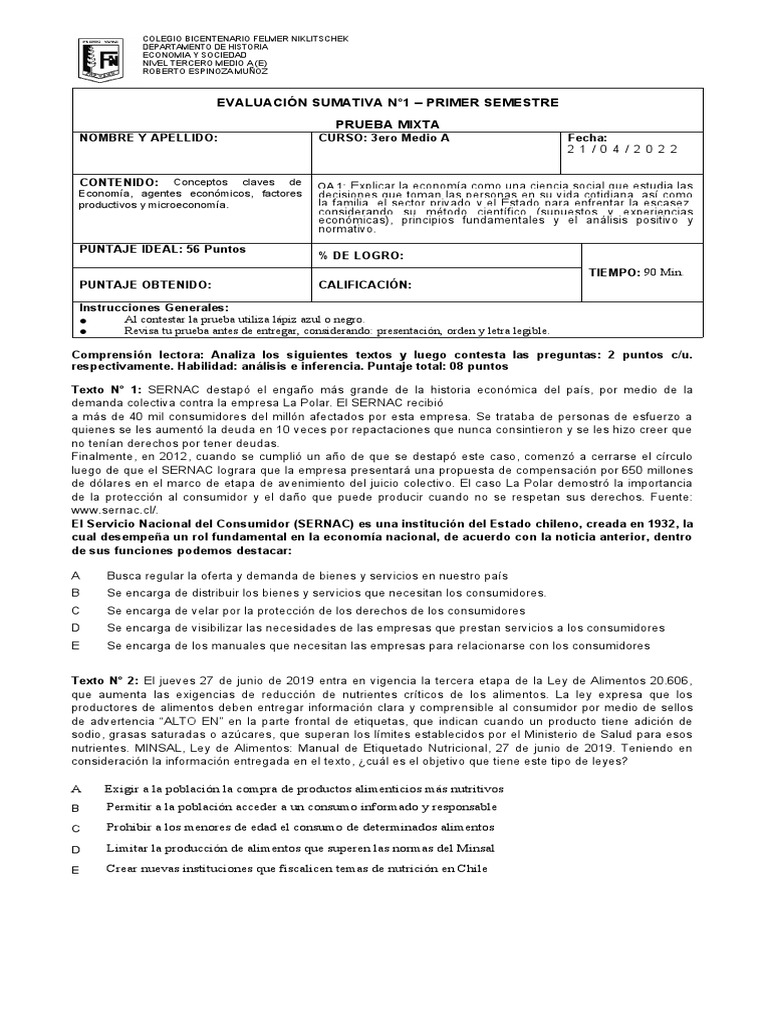 Prueba Economia 3A 2022 | PDF | Precios | Los consumidores