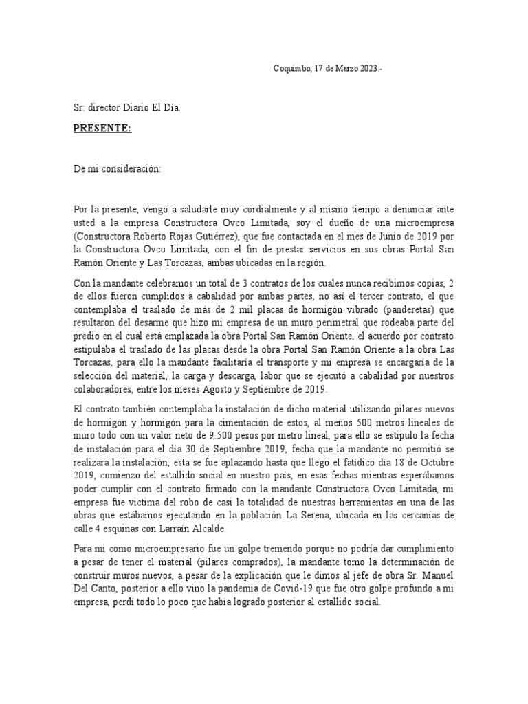 Denuncia a Constructora Ovco Limitada | PDF | Derecho