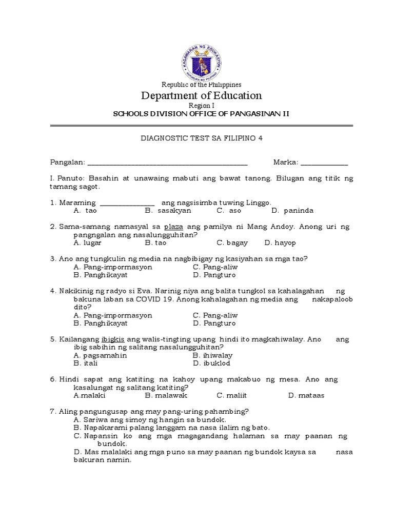 Filipino 4 Diagnostic Test | PDF