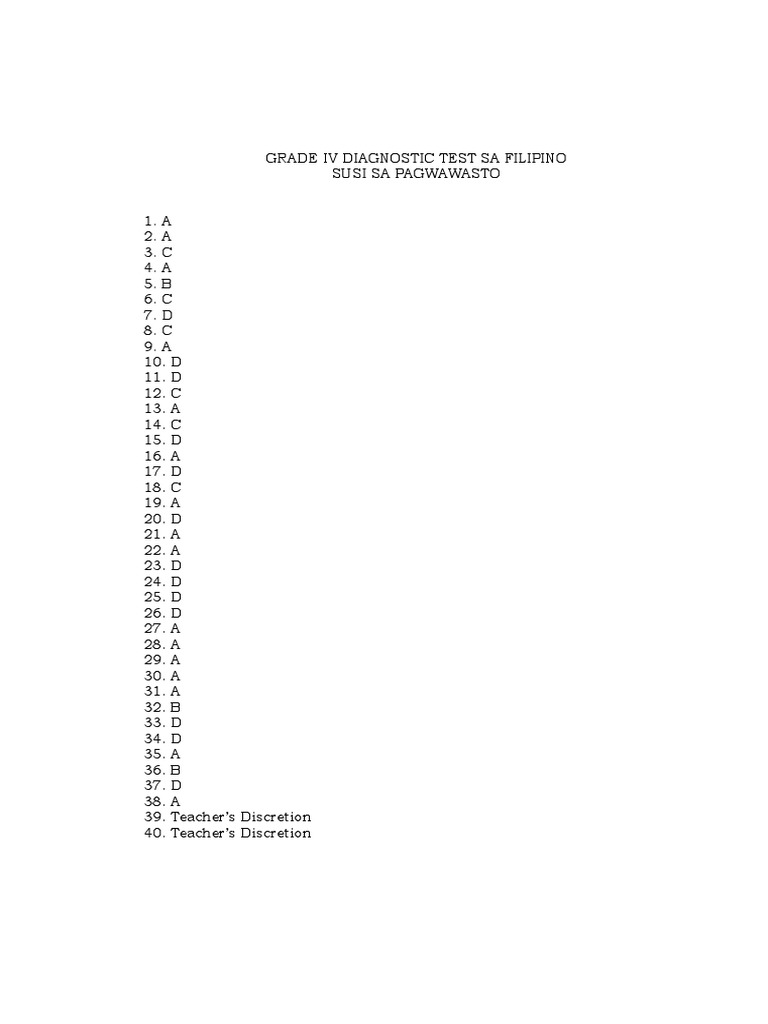 Answer Key Filipino 4 Diagnostic Test | PDF