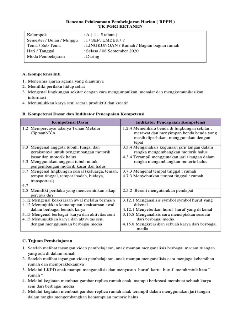 RPPH Tema Lingkungan Rumah | PDF