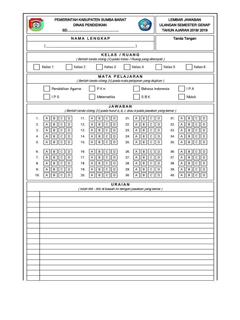 Lembar Jawaban Ulangan Semester - Xlsx.ods | PDF