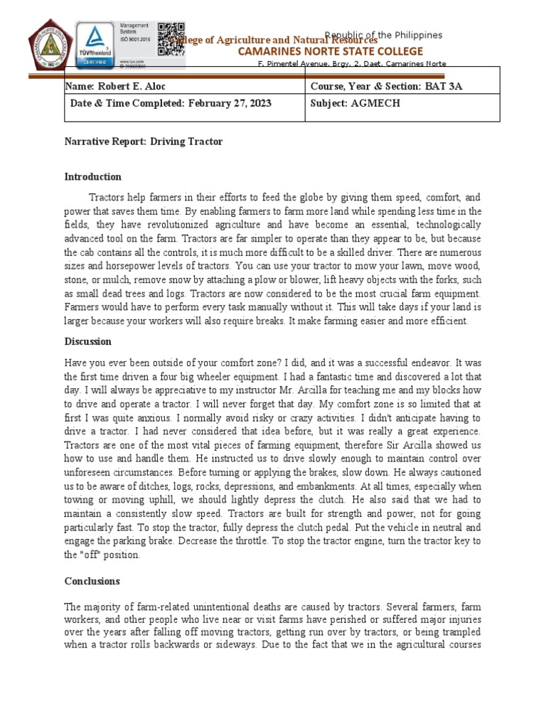 Tractor Driving Experience Report | PDF | Tractor | Agriculture