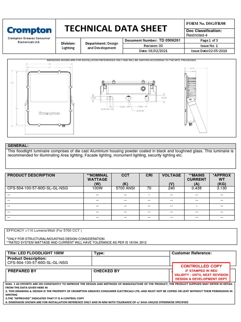100W NSG LED Floodlight Data Sheet | PDF | Lighting | Electrical Wiring