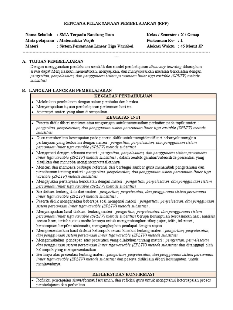 RPP 3 - Sistem Persamaan Linear Tiga Variabel | PDF | Metode & Bahan Ajar | Sains & Matematika