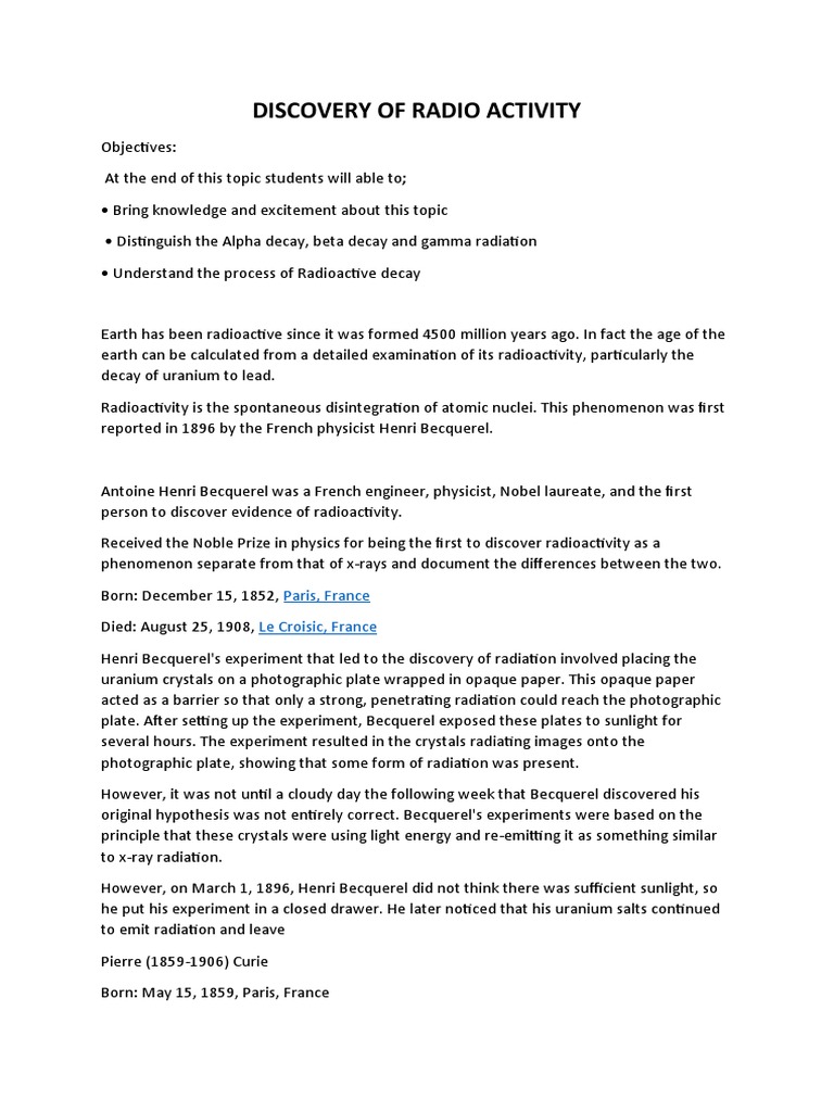 Discovery of Radio Activity | PDF | Radioactive Decay | Marie Curie