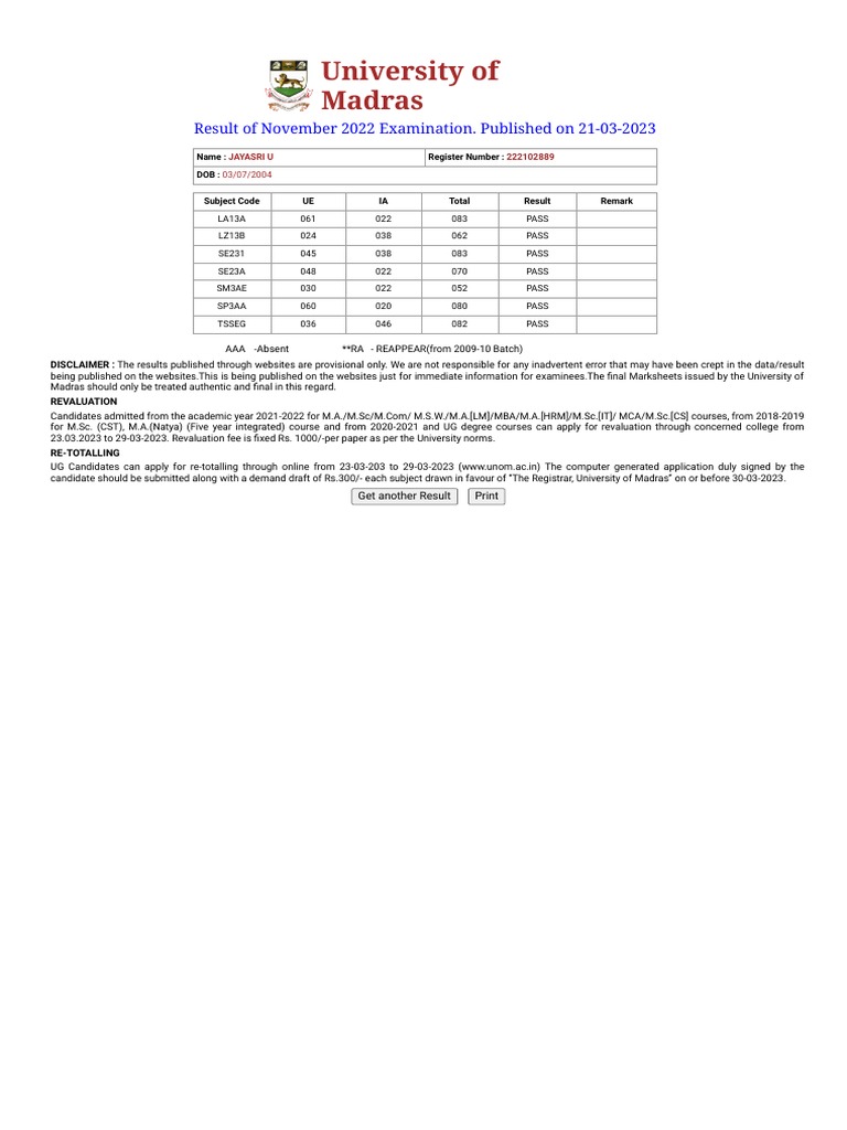 Https Result - Unom.ac - in Results Ugresultpage - Asp | PDF | Master's ...