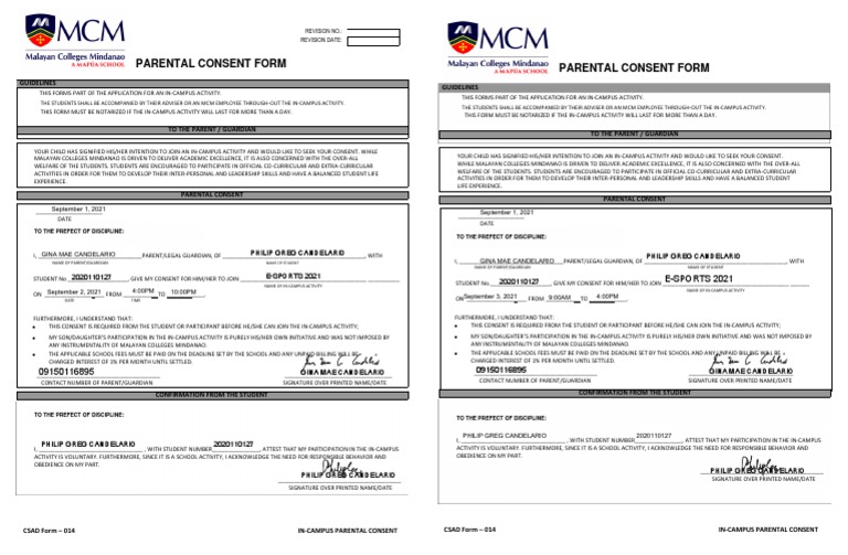CSAD Form 014 PARENTAL CONSENT FORM - IN CAMPUS - CANDELARIO | PDF ...
