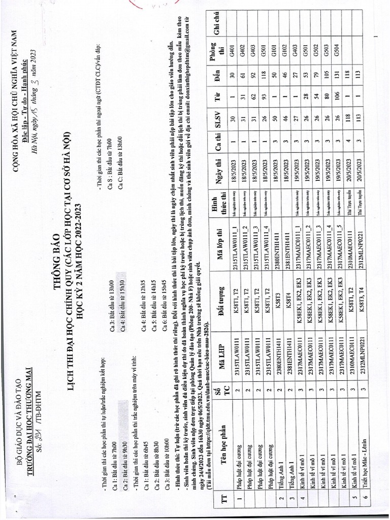 TB 291-15.3.2023 TB LỊCH THI ĐHCQ (CÁC LỚP TẠI CƠ SỞ HN) HK 2 NH 2022-2023 - 0001 PDF | PDF